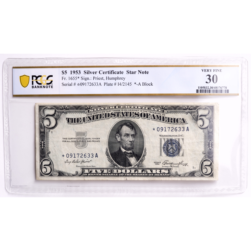 Star Note 1953 $5 Silver Certificate Bank Note (PCGS Very Fine 30 ...