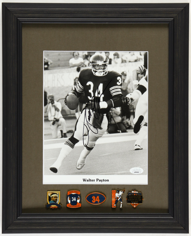 Walter Payton Signed Bears Custom Framed Photo With (5) HOF Pins (JSA ...