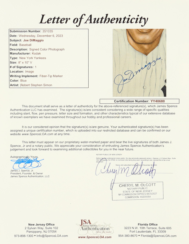 Joe DiMaggio Signed Custom Framed Robert Stephon Simon Art Print (JSA ...