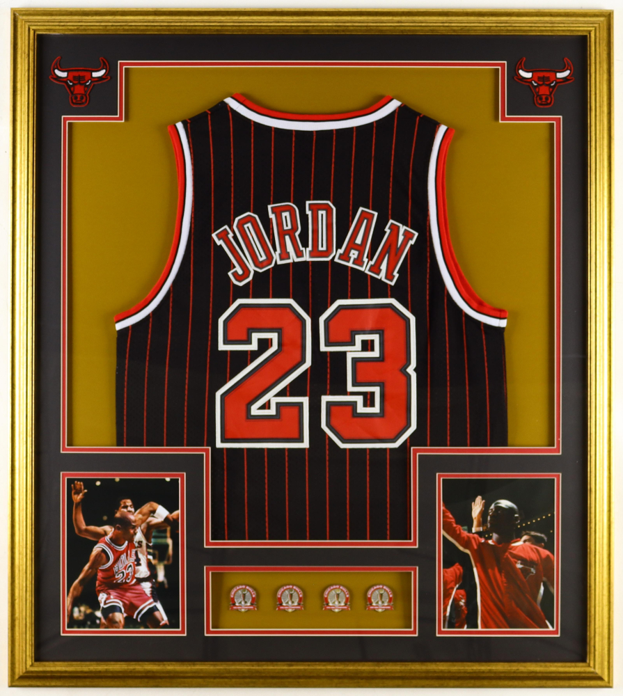 Michael Jordan Custom Framed Jersey Display With (4) LE Bulls Championship Pins & (2) Logo Cloth ...