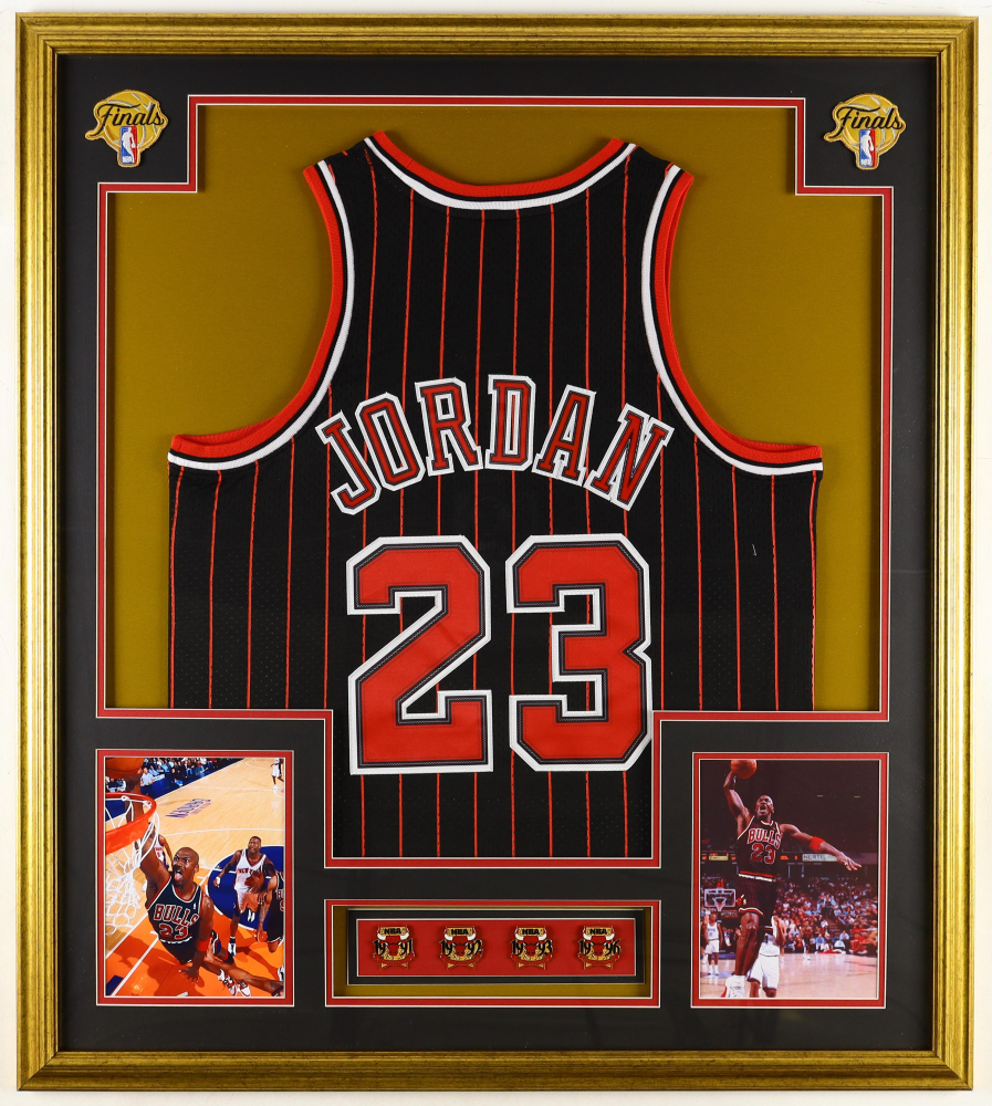 Michael Jordan Custom Framed Jersey Display With (4) LE Bulls Championship Pins & (2) Finals ...