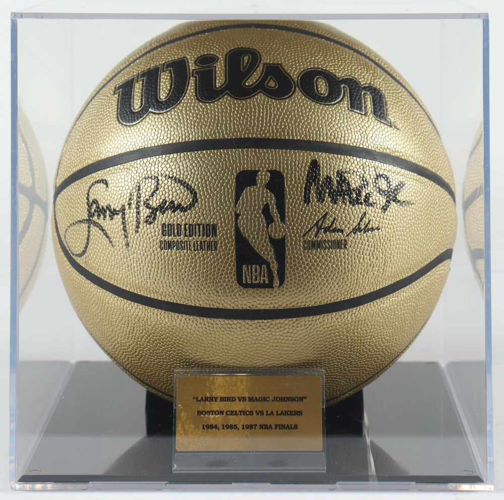Larry Bird & Magic Johnson Signed Gold NBA Basketball In Display Case (Beckett) | Pristine Auction