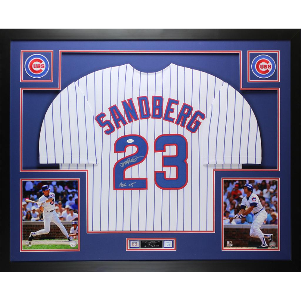 Ryne Sandberg Signed Custom Framed Jersey Display Inscribed "HOF 05 ...