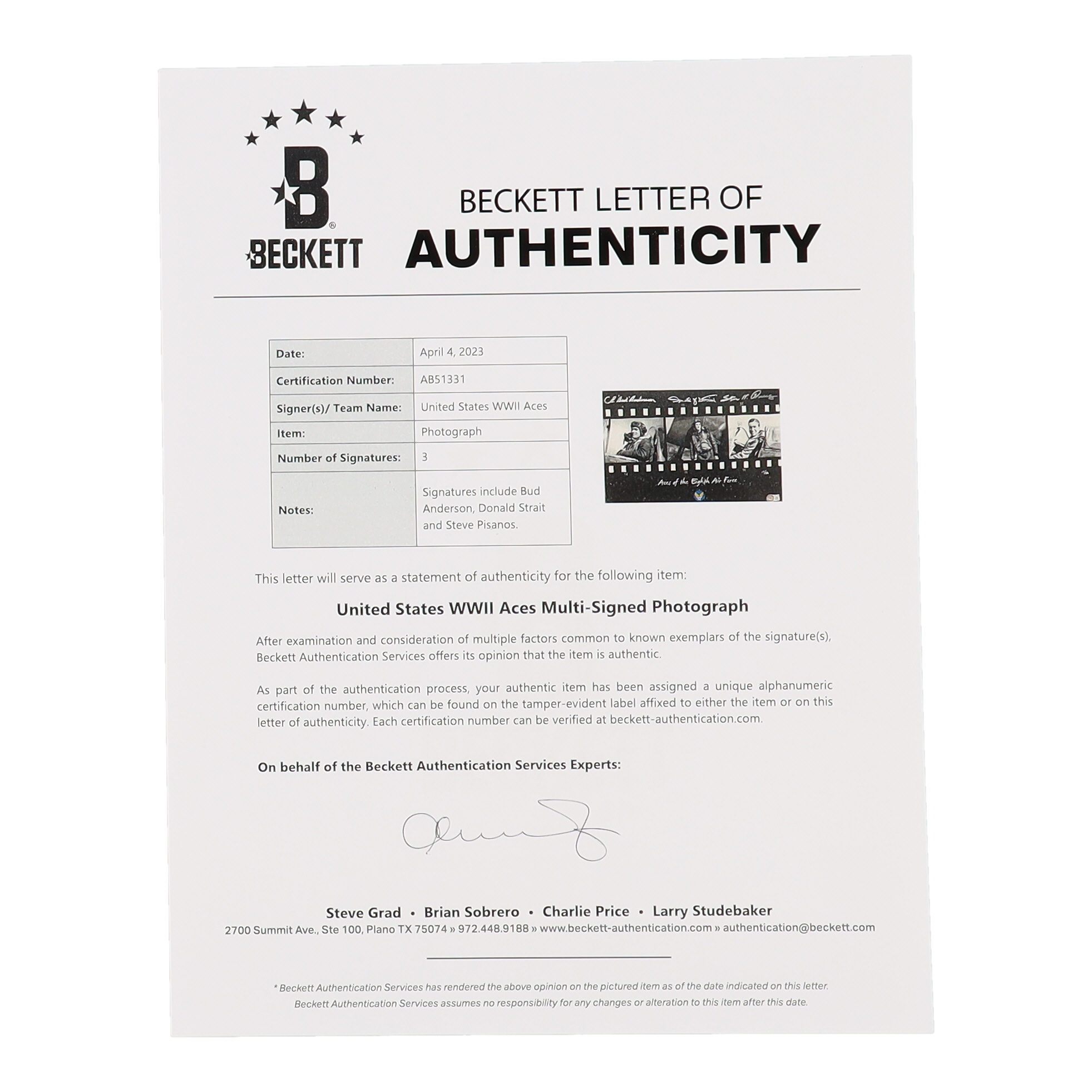 Bud Anderson, Donald Strait & Steve Pisanos Signed United States WWII ...