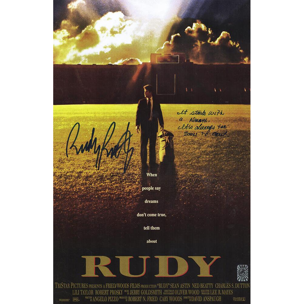 Rudy Ruettiger Signed "Rudy" 11x17 Movie Poster Inscribed "It Starts ...