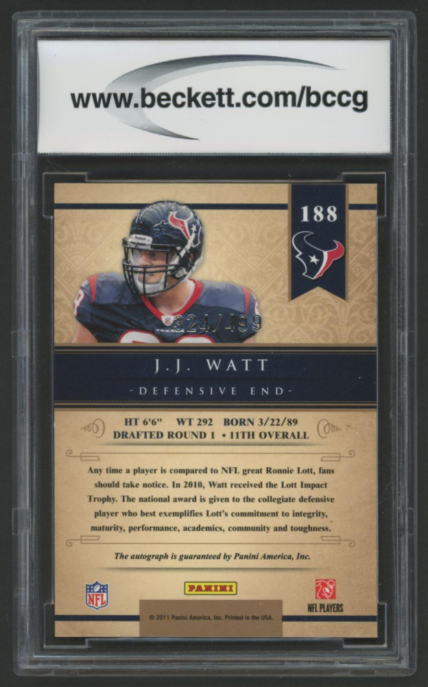J.J. Watt 2011 Panini Gold Standard Autographs Silver #188 RC #324/499 ...
