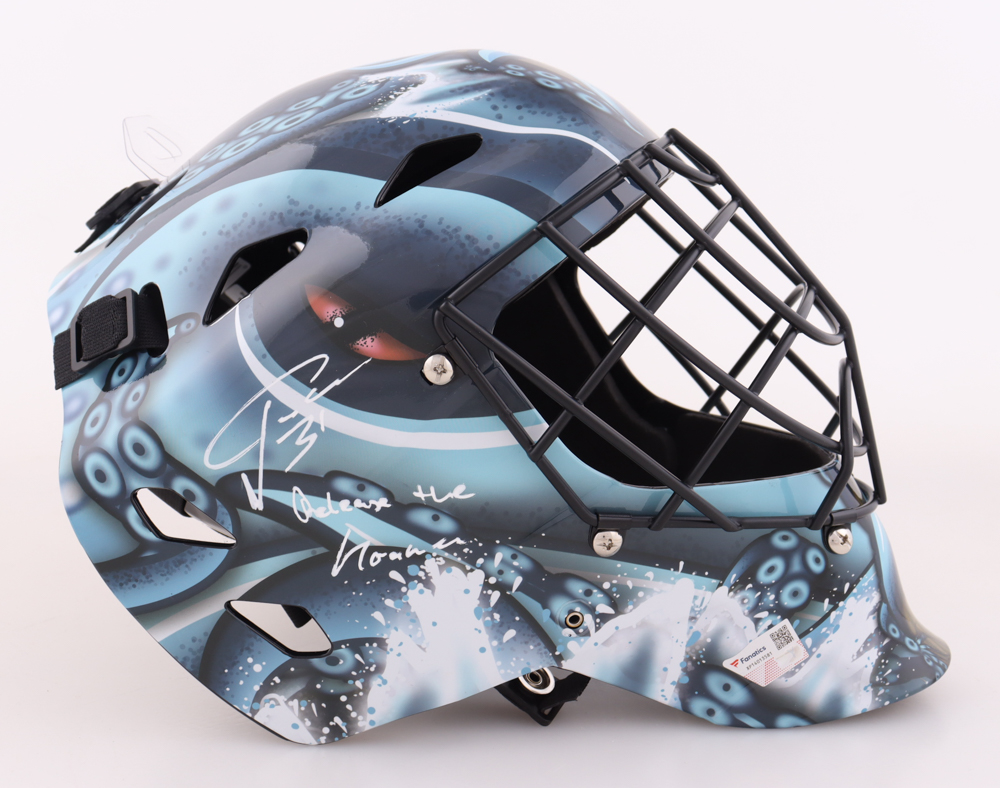 Philipp Grubauer Signed Kraken Goalie Helmet Inscribed "Release The ...