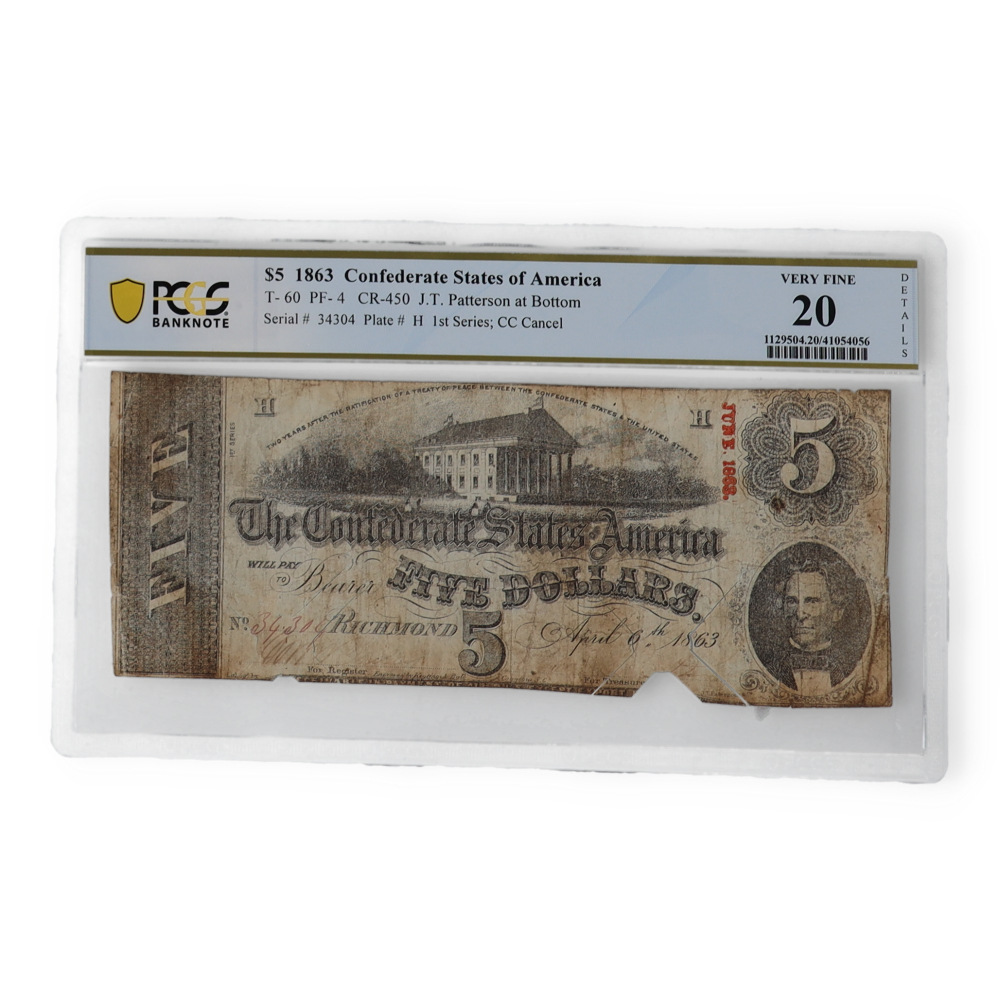 1863 Confederate States of America $5 Five Dollars Currency Note T-60 ...