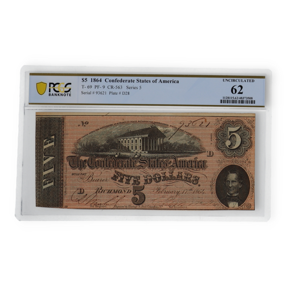 1864 Confederate States of America $5 Five Dollars Currency Note T-69 ...
