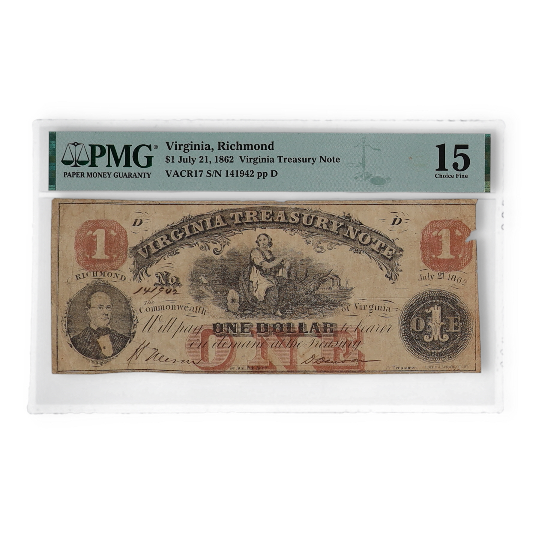 1862 Virginia, Richmond - $1 Virginia Treasury Note (PMG CF15 ...