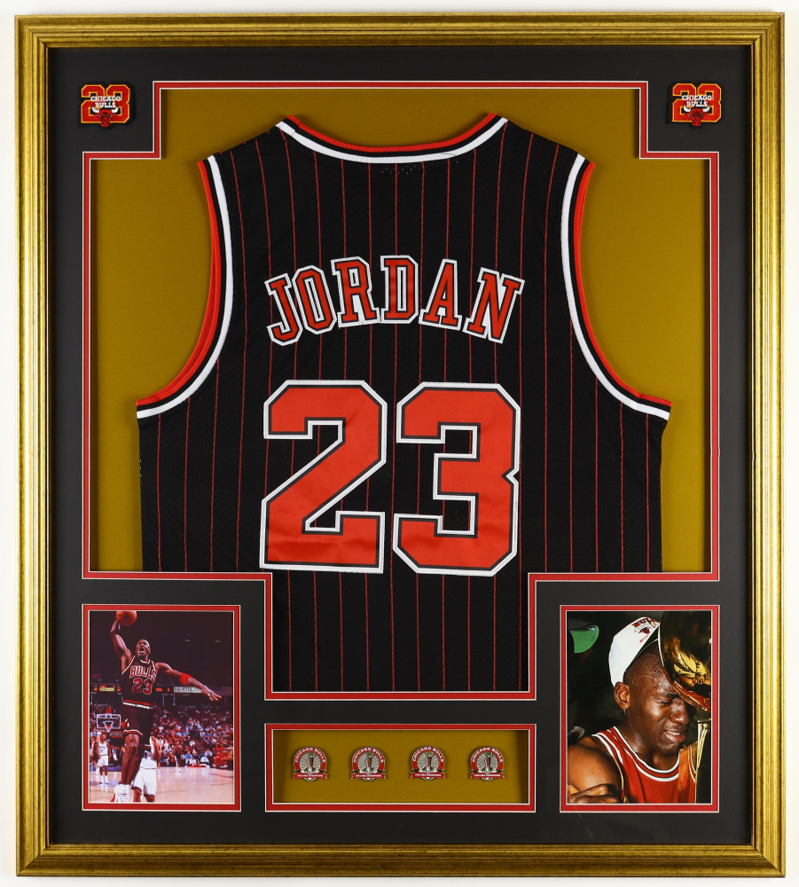 Michael Jordan Custom Framed Jersey Display With (4) LE Bulls Championship Pins & (2) Logo Cloth ...