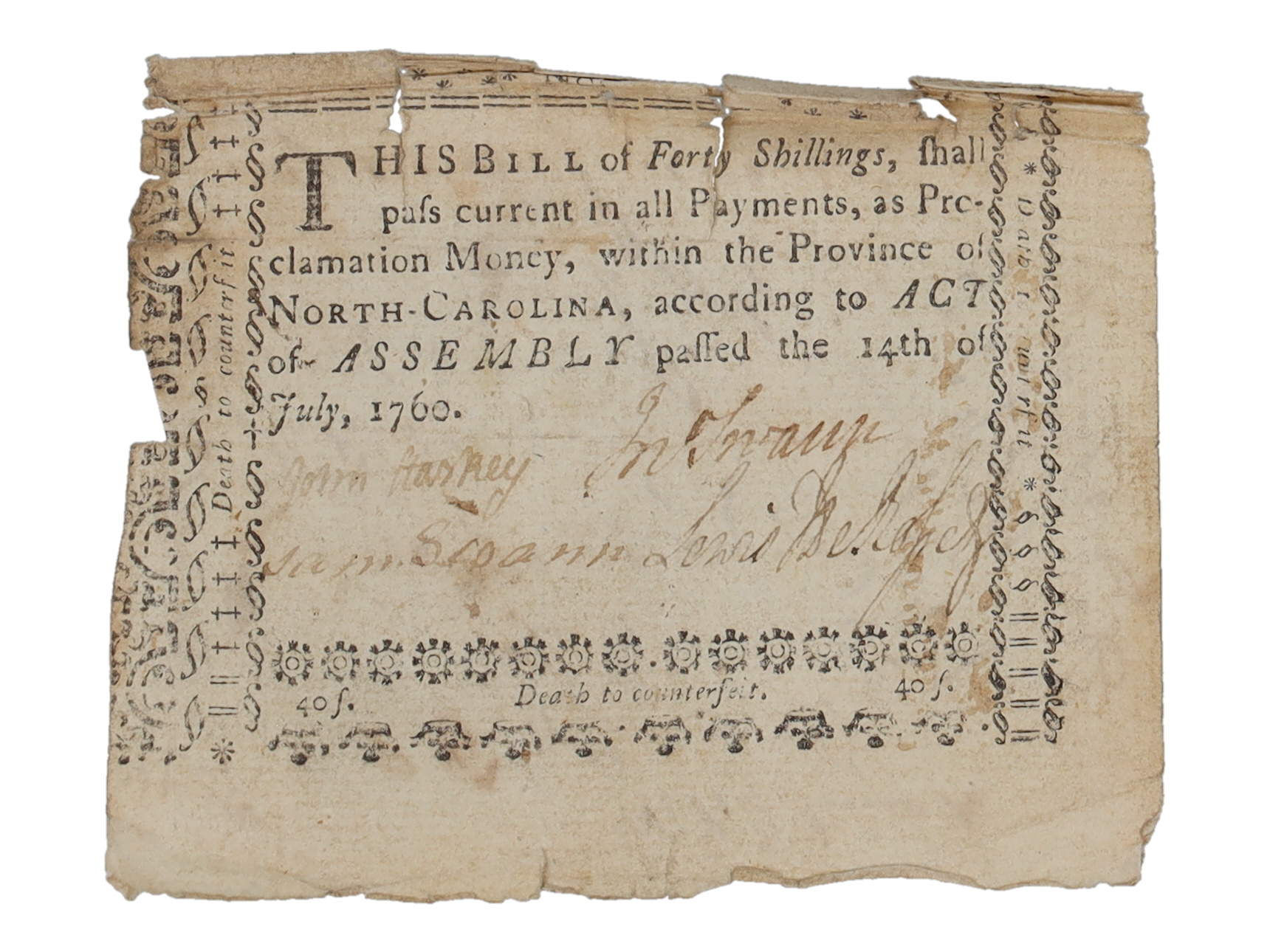 1760 Colonial Currency Note - Forty Shillings - North Carolina ...