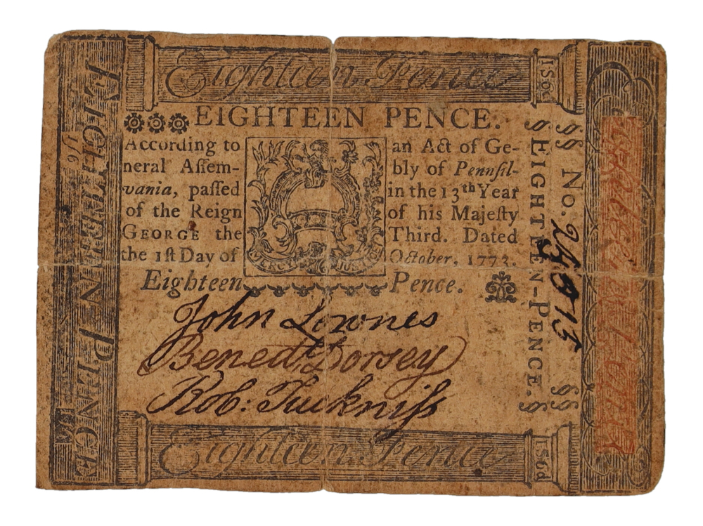 1773 Colonial Currency Note - Eighteen Pence - Pennsylvania | Pristine ...