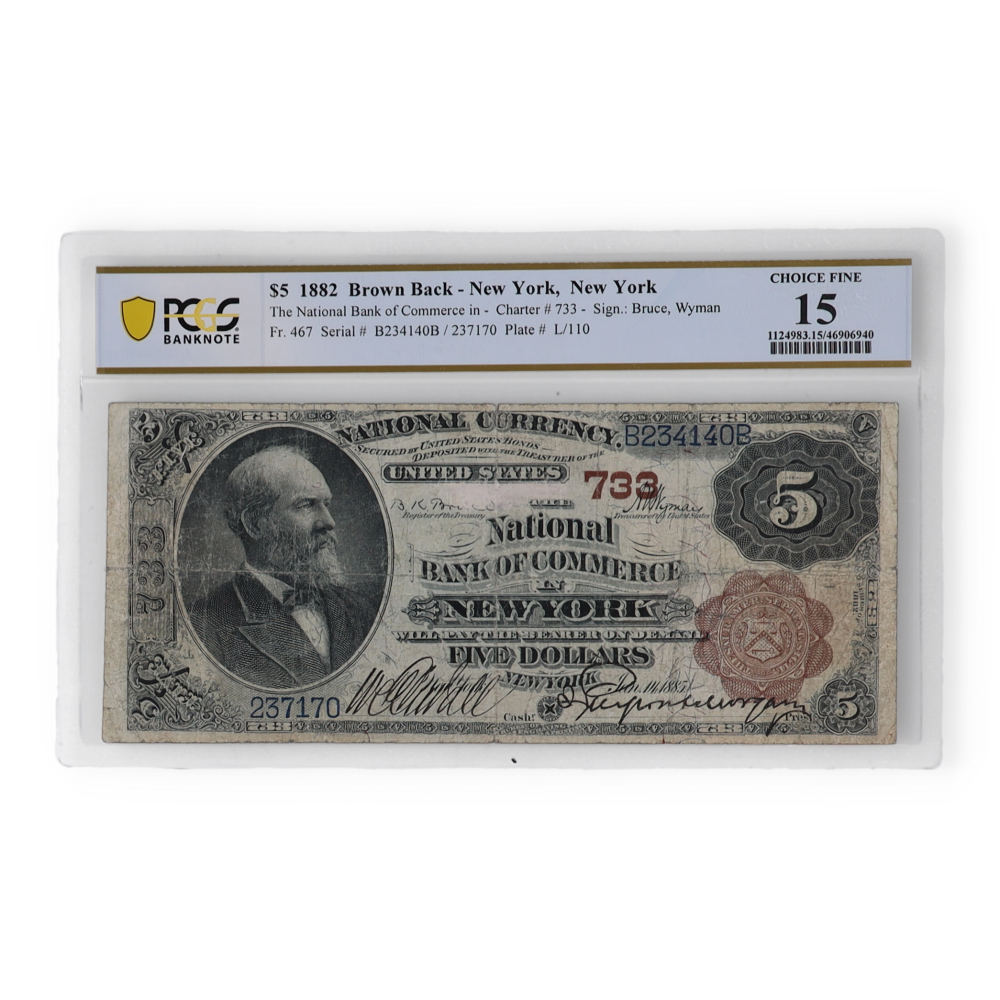1882 $5 Five Dollars U.S. Brown Back Large Size National Bank Note ...