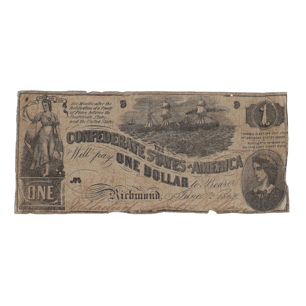 1862 Confederate States of America $1 One Dollar Bank Note Bond ...