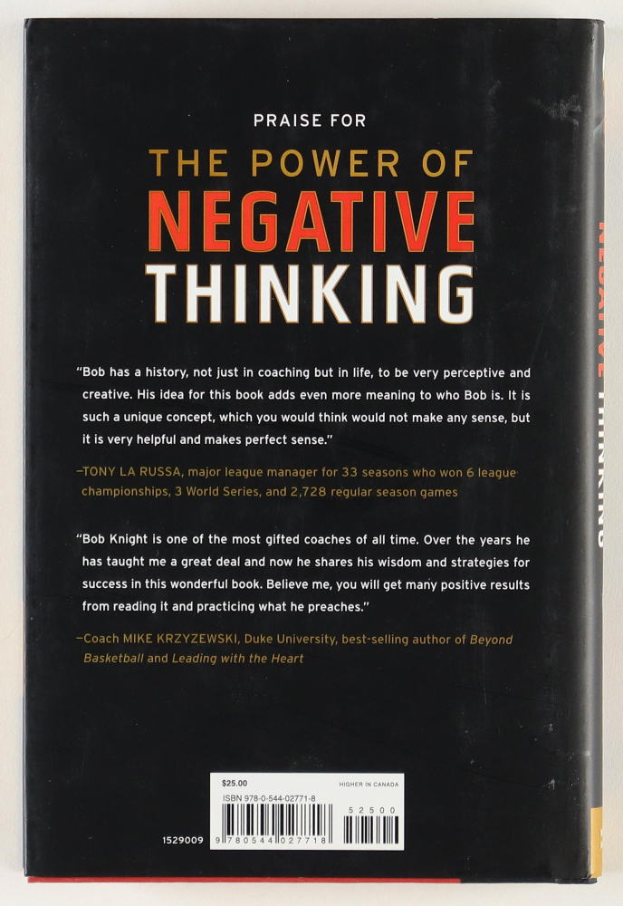 Bob Knight Signed "The Power of Negative Thinking" Hardcover Book (PSA ...