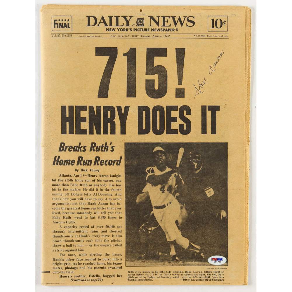Hank Aaron Signed Record Breaking Home Run #715 Original 1974 New York ...