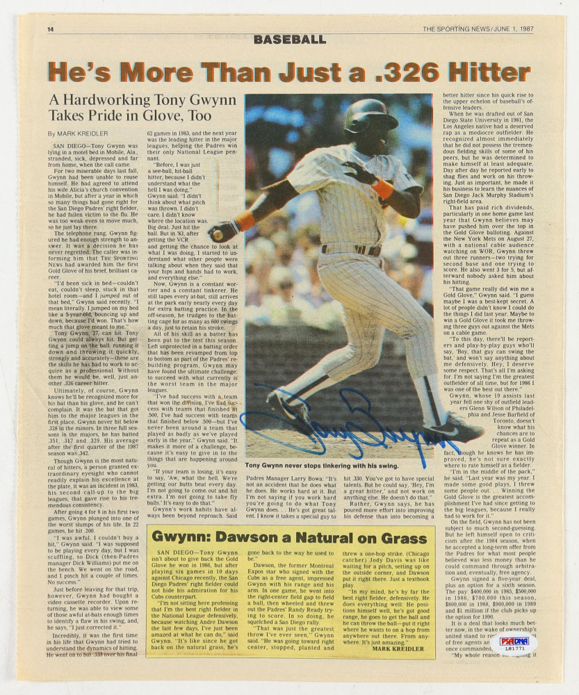 Tony Gwynn Signed Padres 1987 Newspaper Page (PSA) | Pristine Auction