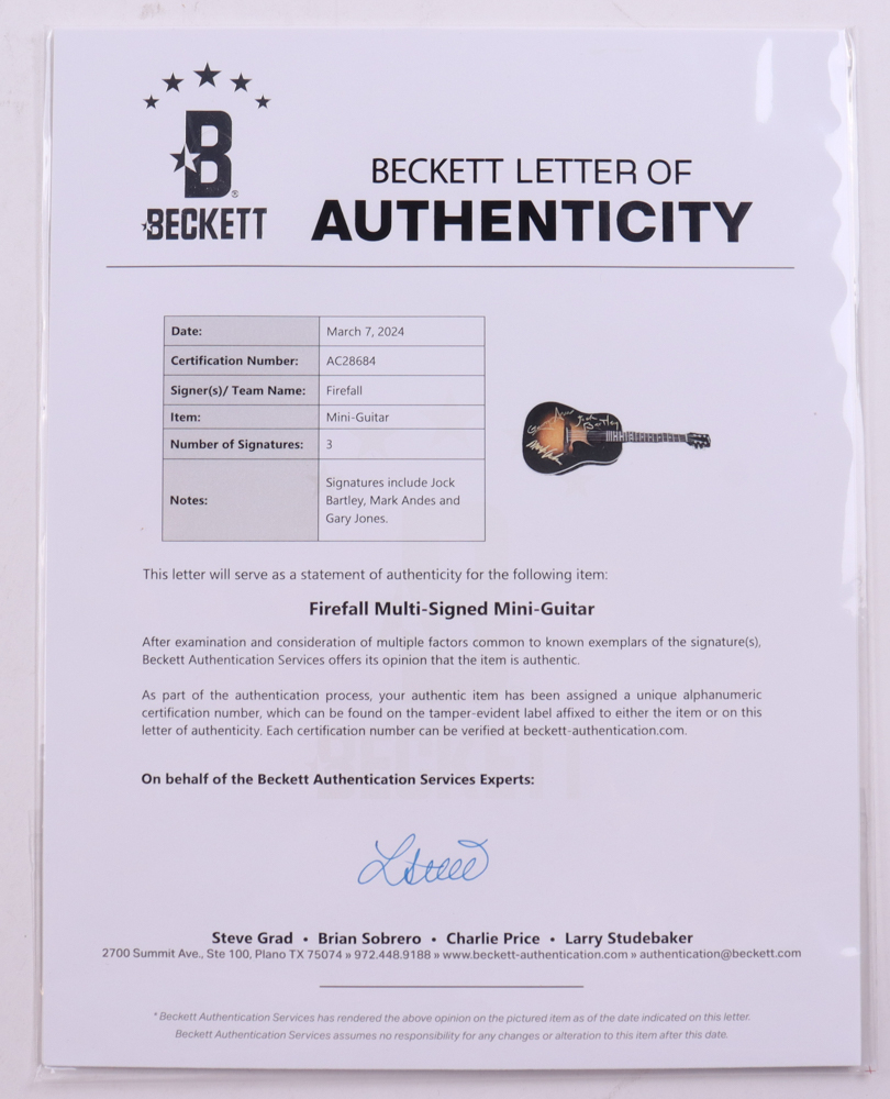 Jock Bartley, Mark Andes & Gary Jones Signed Mini Guitar (Beckett ...