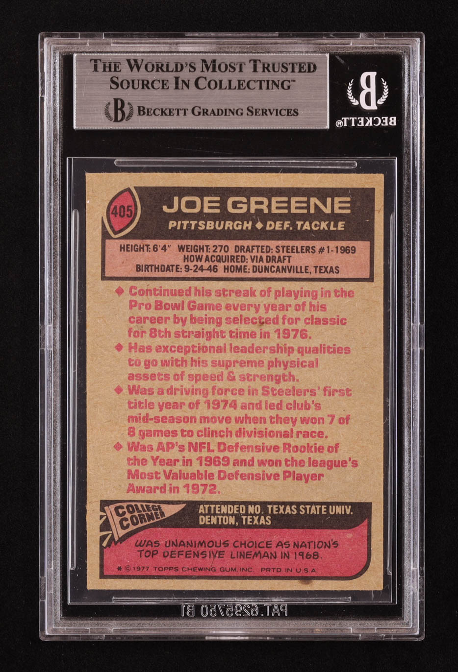 Joe Greene 1977 Topps #405 (BGS 5) | Pristine Auction