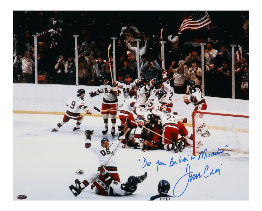 Jim Craig Signed Team USA 16x20 Photo Inscribed "Do you Believe in ...