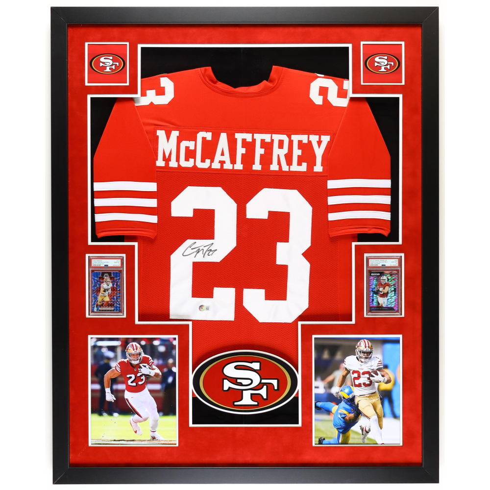 Christian McCaffrey Signed Custom Framed 49ers Nike Jersey LED Display with 2023 Panini Mosaic ...