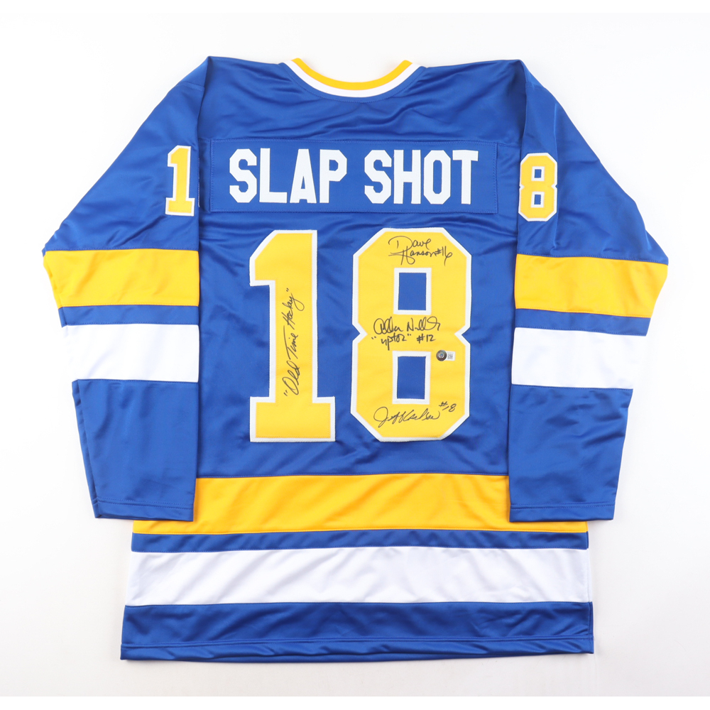Dave Hanson, Allan Nicholls, & Jeff Carlson Signed Jersey Inscribed "Old Time Hockey" & "Upton ...