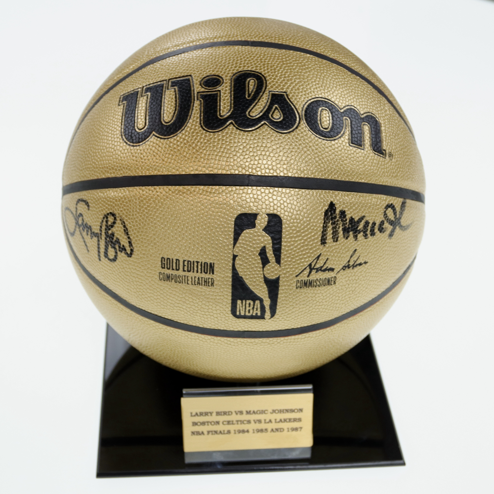 Magic Johnson & Larry Bird Signed NBA Gold Edition Basketball with Name ...