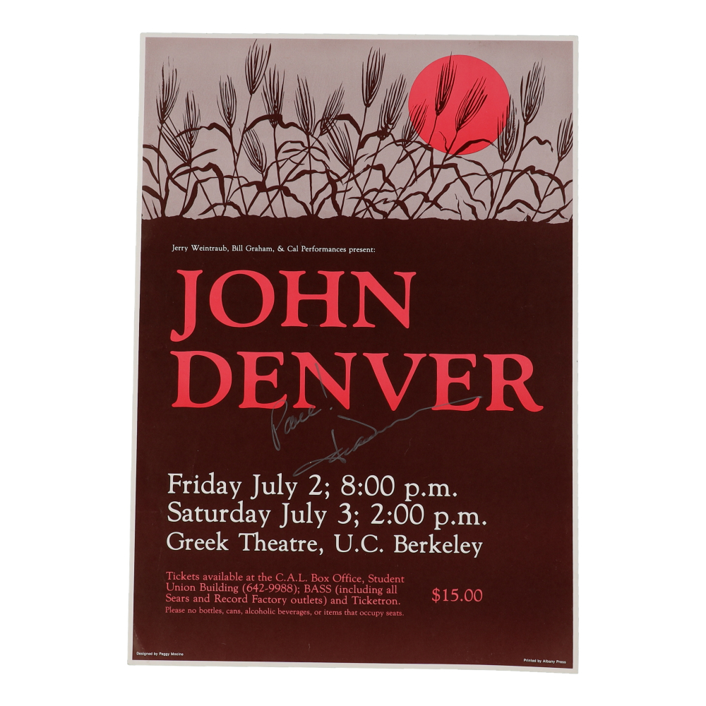 John Denver Signed U.C. Berkley Concert Poster Inscribed "Peace!" (JSA ...