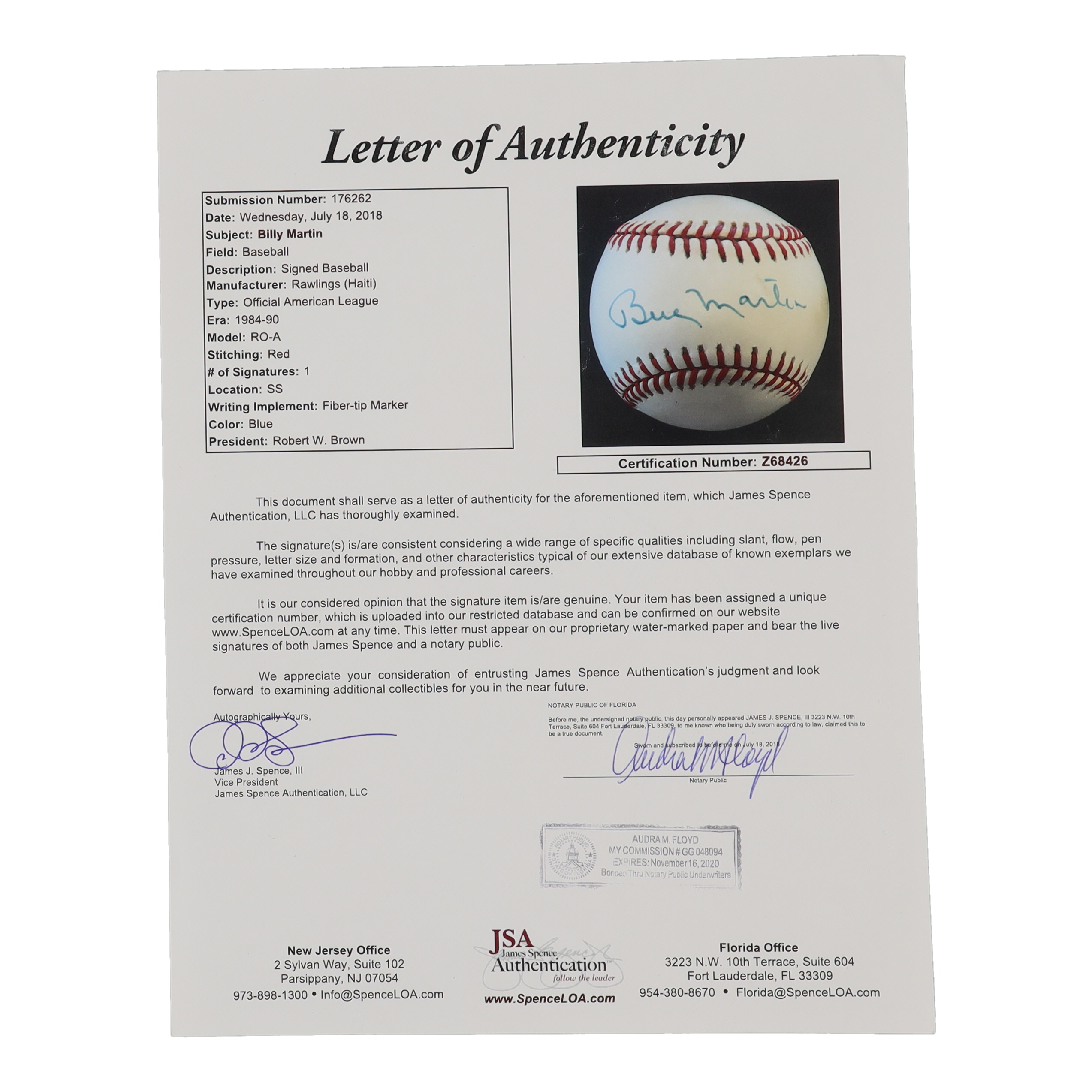 Billy Martin Signed OAL Baseball (JSA) | Pristine Auction