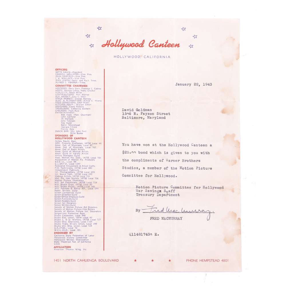 Fred MacMurray Signed Hollywood Canteen 8x10 Typed Letter (JSA ...