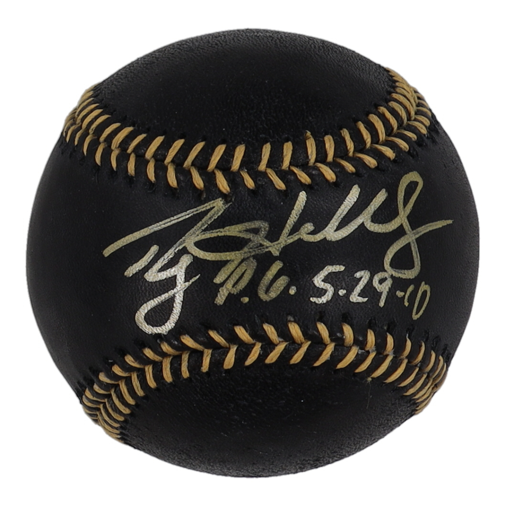 Roy Halladay Signed OML Black Leather Baseball Inscribed "P.G. 5-29-10 ...