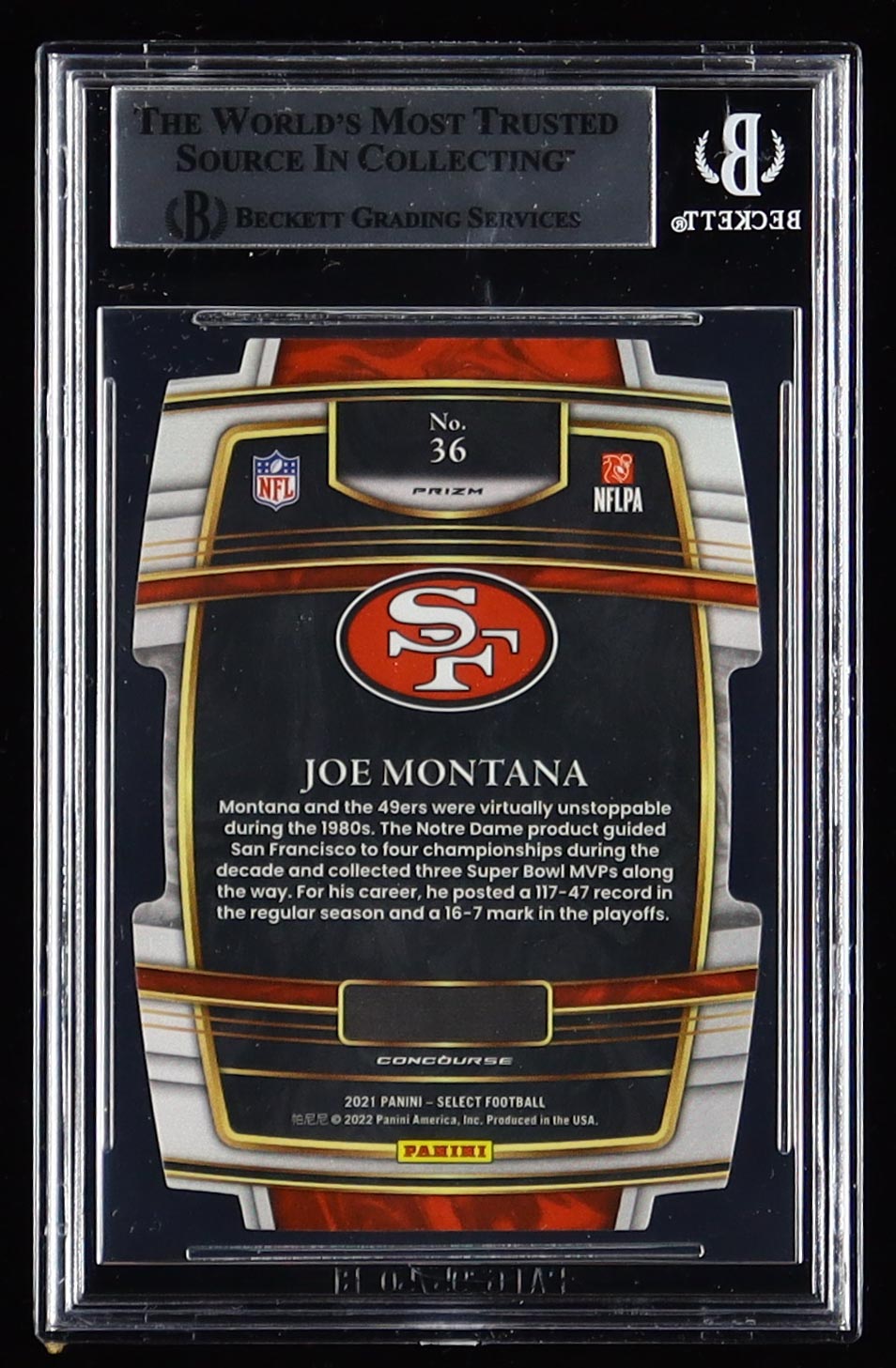 Joe Montana Signed On Sticker 2021 Select #36 Prizm Silver Die Cut ...