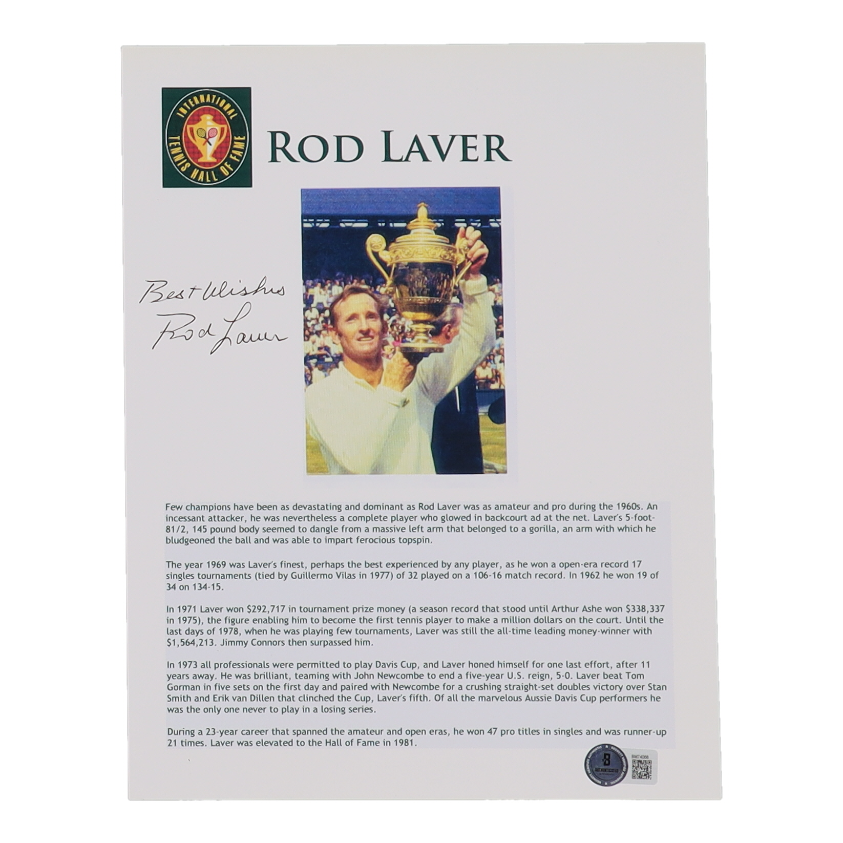 Rod Laver Signed 8x10 Career Highlight Sheet (Beckett) | Pristine Auction