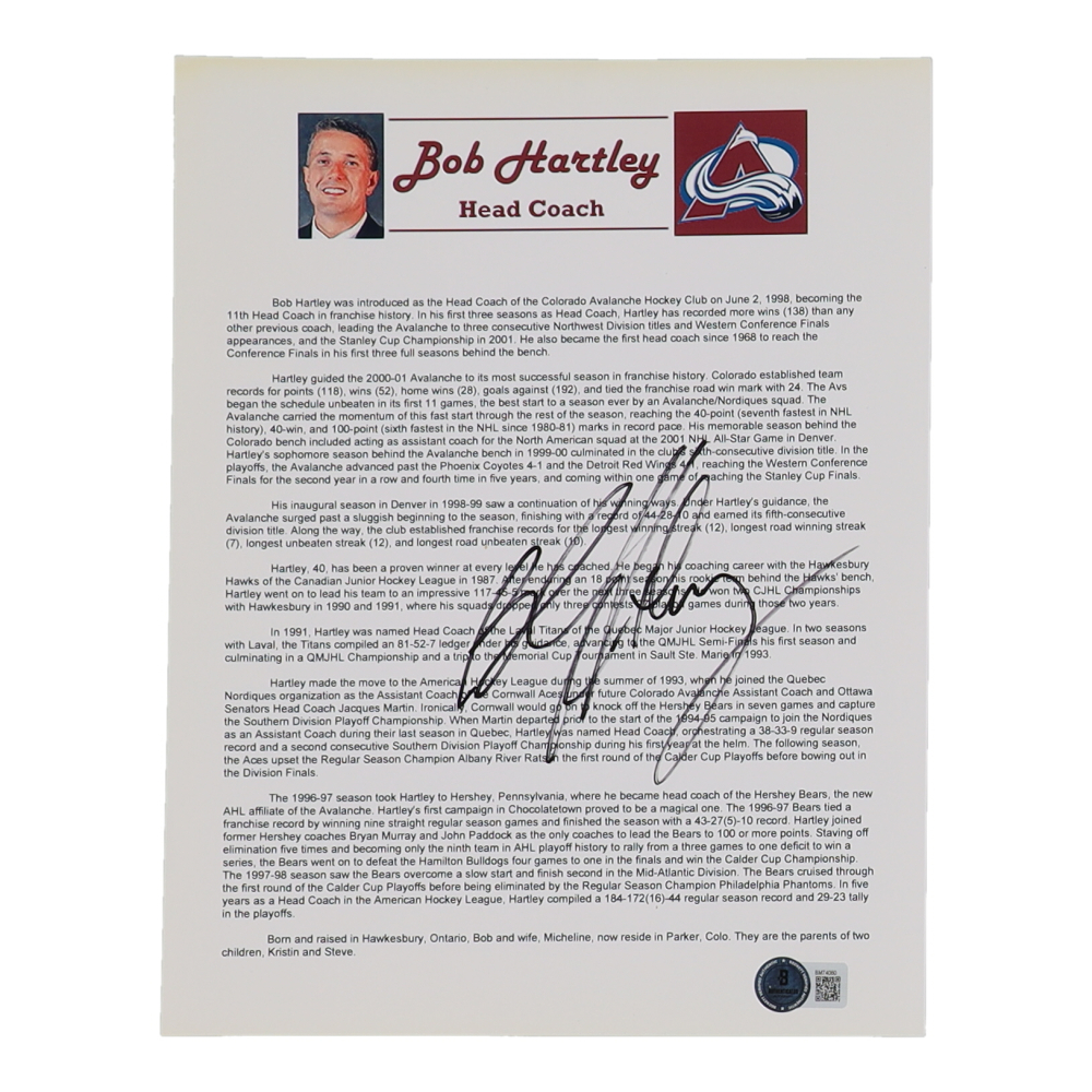 Bob Hartley Signed Avalanche 8x10 Career Highlight Sheet (Beckett ...