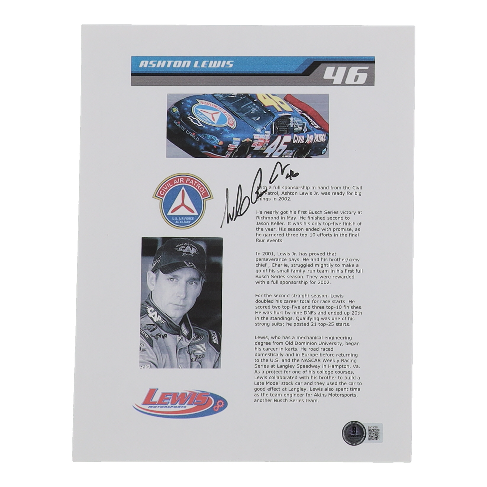 Ashton Lewis Signed NASCAR 8x10 Career Highlight Sheet (Beckett ...
