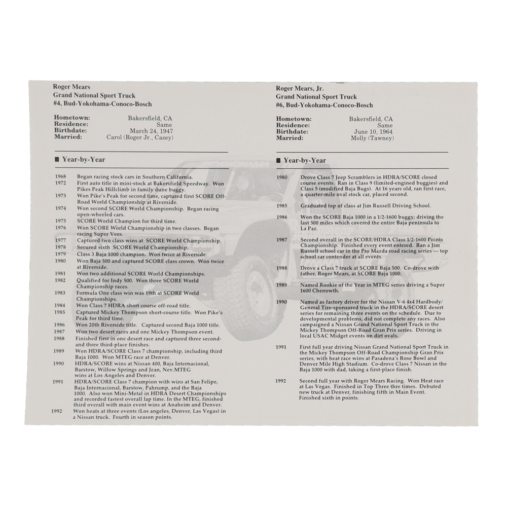 Roger Mears & Roger Mears Jr. Signed 8x10 Photo (Beckett) | Pristine ...