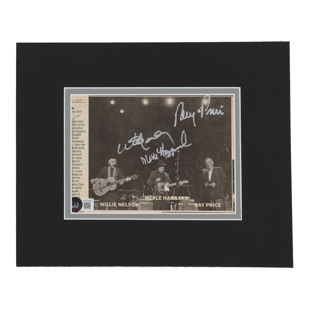 Willie Nelson, Ray Price & Merle Haggard Signed Custom Matted Newspaper ...