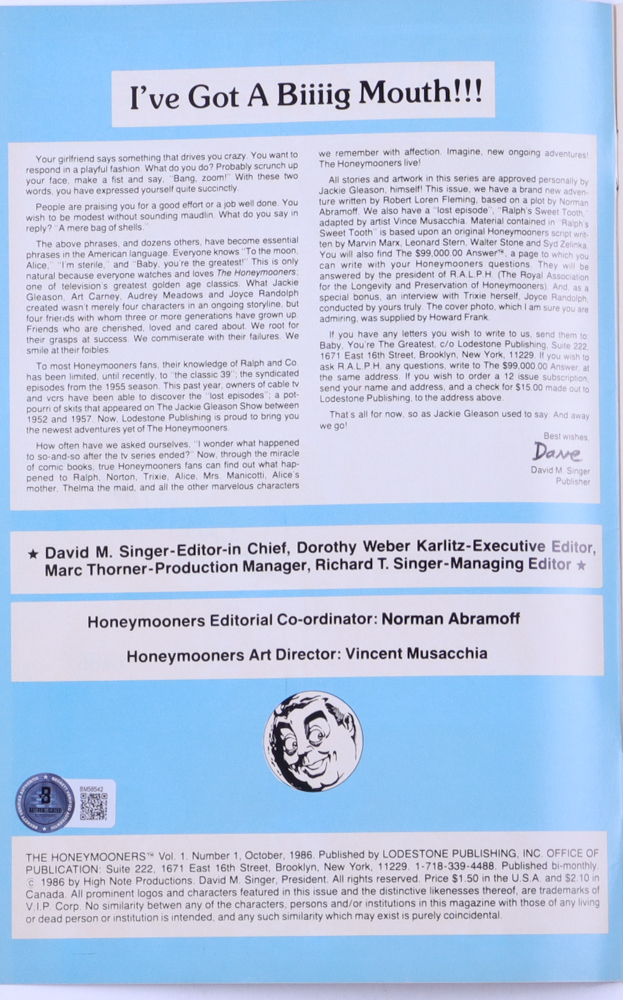 Audrey Meadow Signed 1986 "The Honeymooners" Issue #1 Lodestone Comic ...