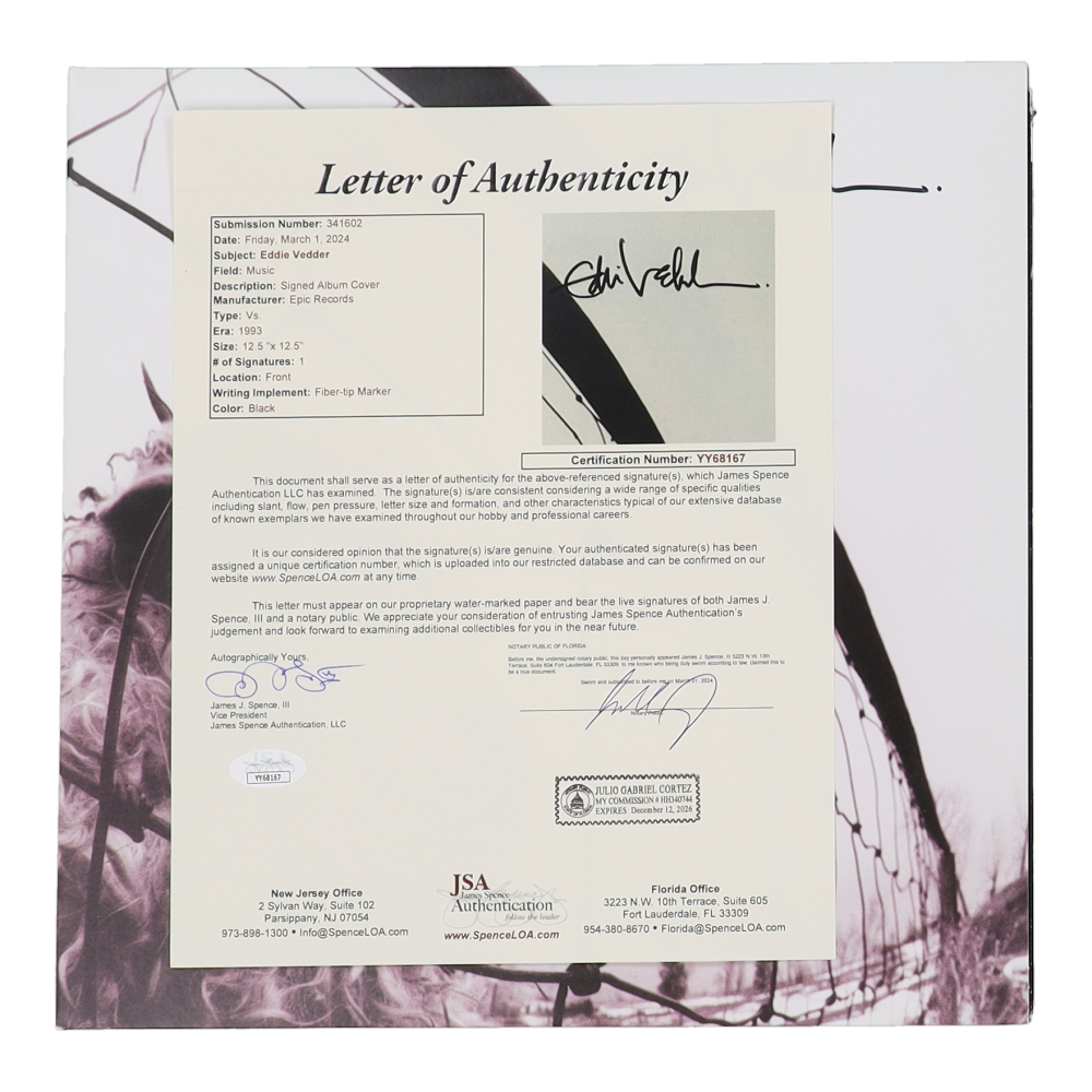Eddie Vedder Signed Pearl Jam "Vs." Vinyl Record Album Cover (JSA) | Pristine Auction