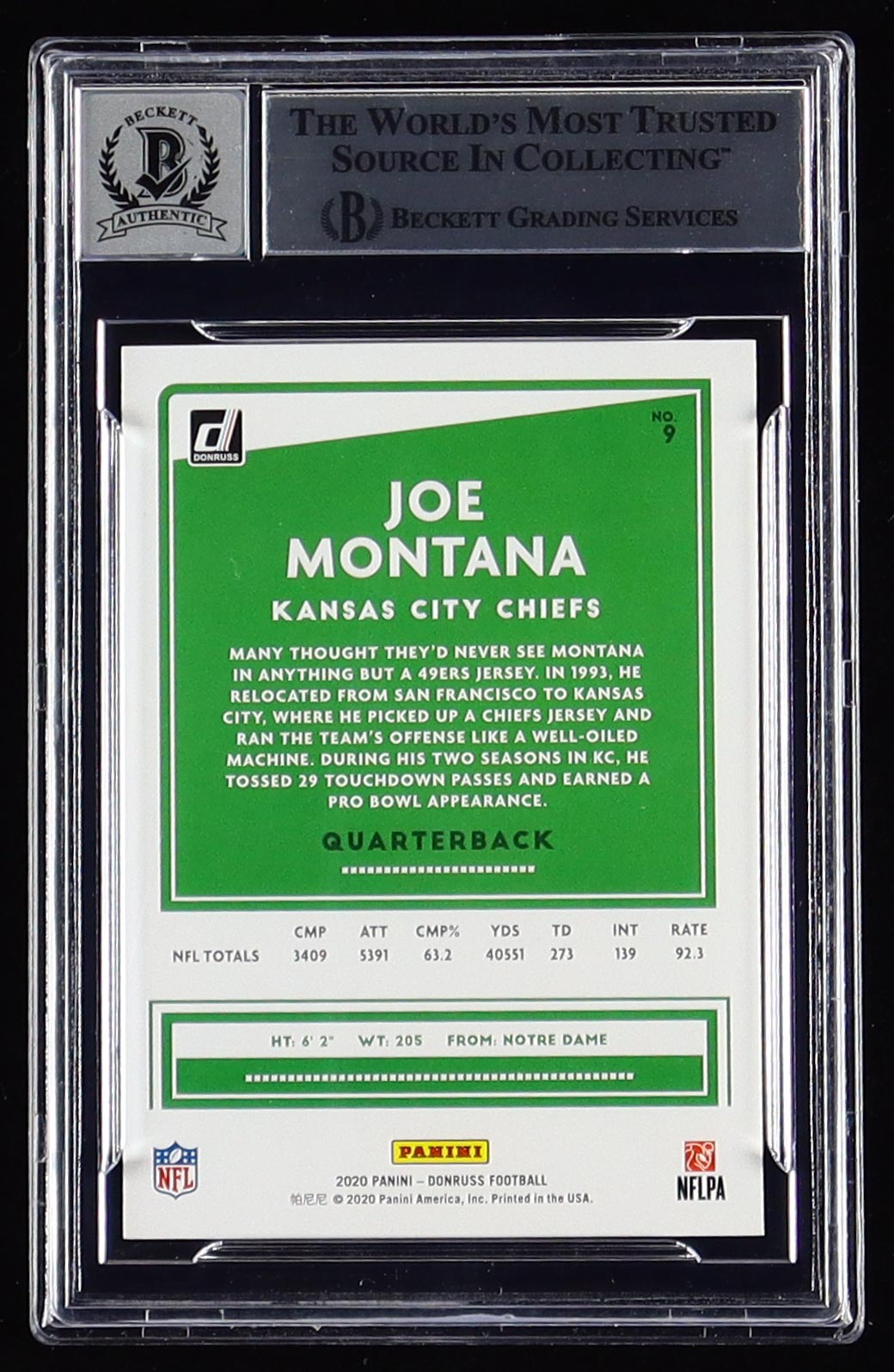 Joe Montana Signed 2020 Donruss #9 (BGS | Autograph Graded BGS 10 ...
