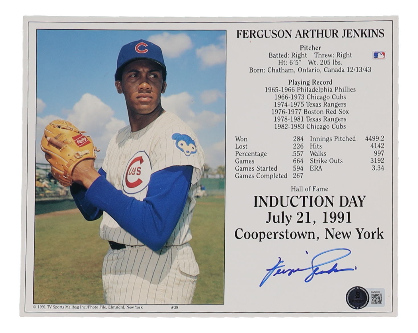 Ferguson Jenkins Signed 8x10 Hall Of Fame Induction Day Photo (Beckett ...