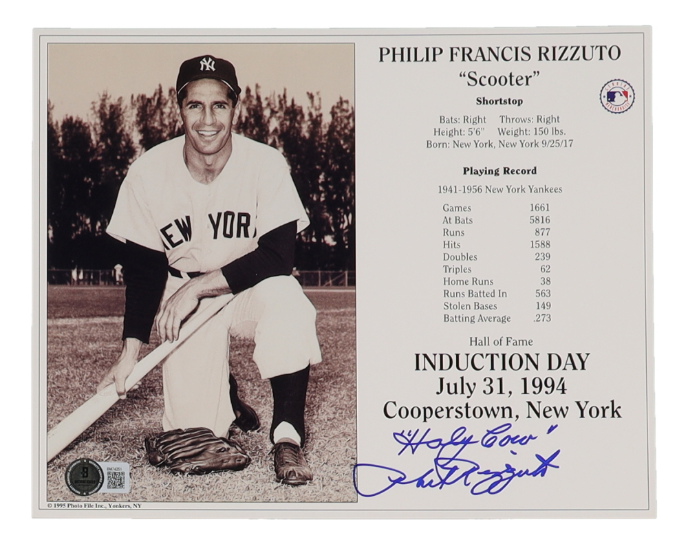 Phil Rizzuto Signed 8x10 Hall Of Fame Induction Day Photo Inscribed ...