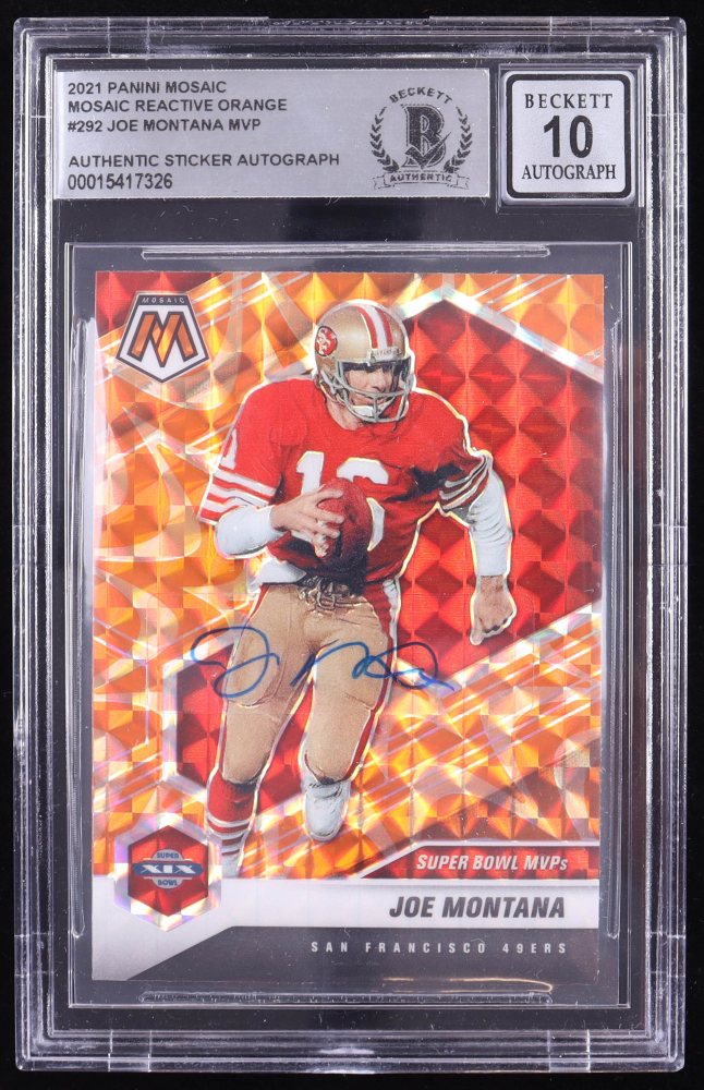 Joe Montana Signed Sticker on 2021 Panini Mosaic Mosaic Reactive Orange #292 MVP (BGS | Auto 10 ...