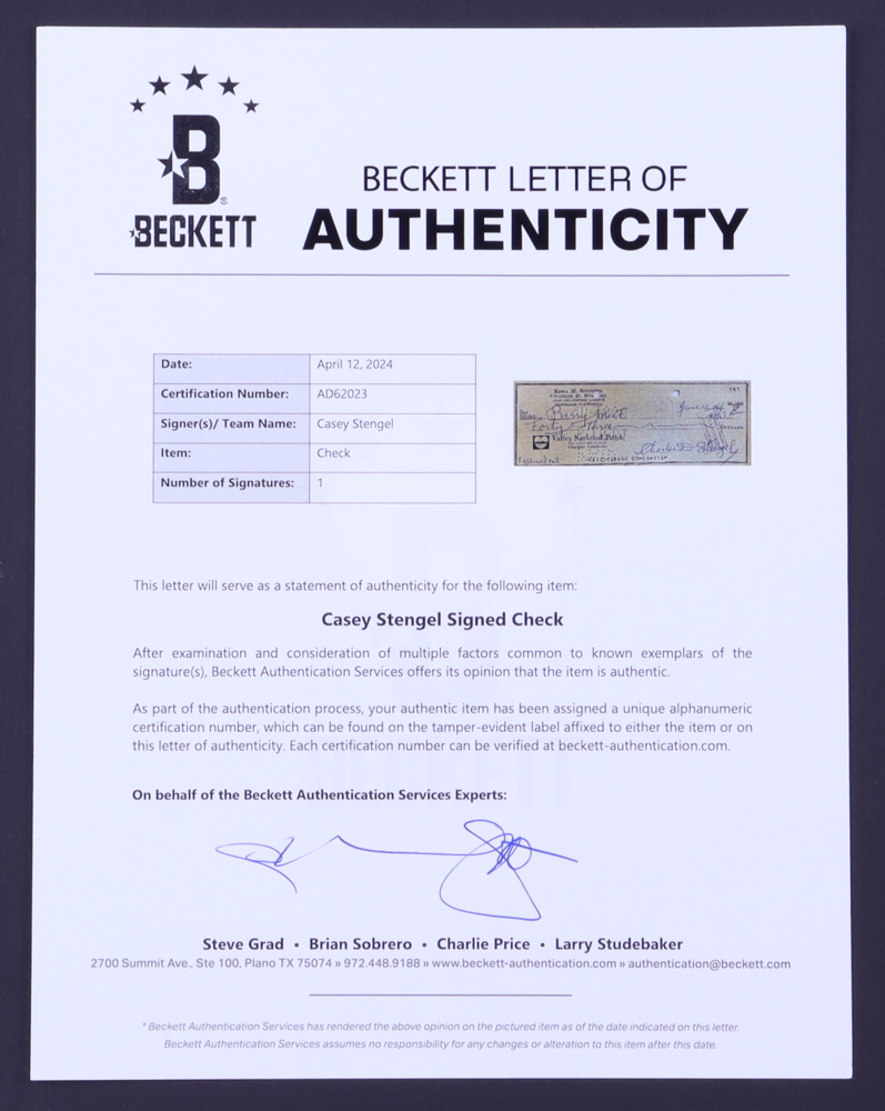 Casey Stengel Signed 1961 Personal Bank Check (Beckett) | Pristine Auction