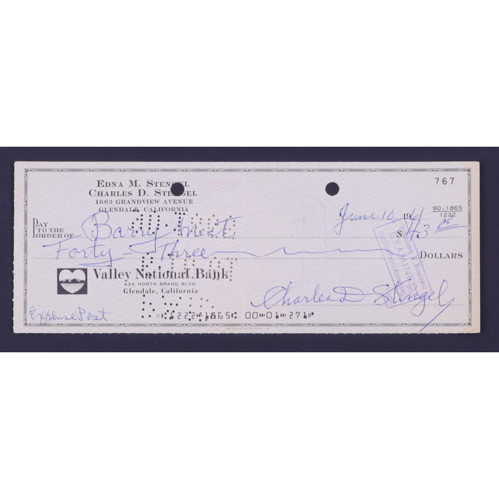 Casey Stengel Signed 1961 Personal Bank Check (Beckett) | Pristine Auction
