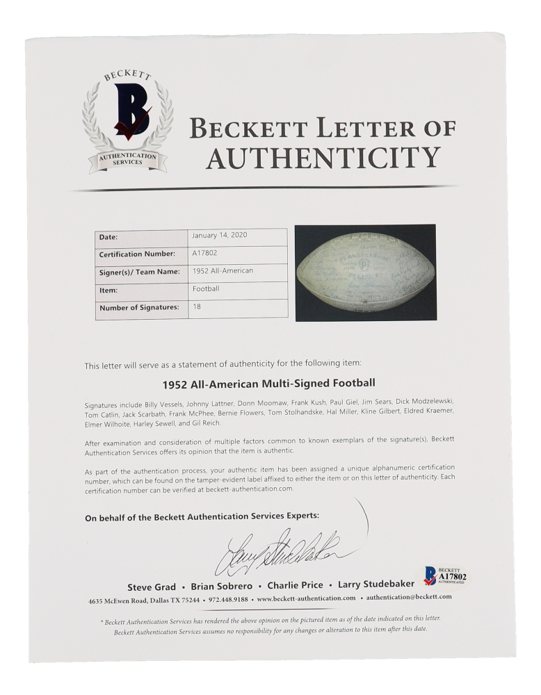 1962 All-American Heisman Winners Football Signed by (18) with Billy ...