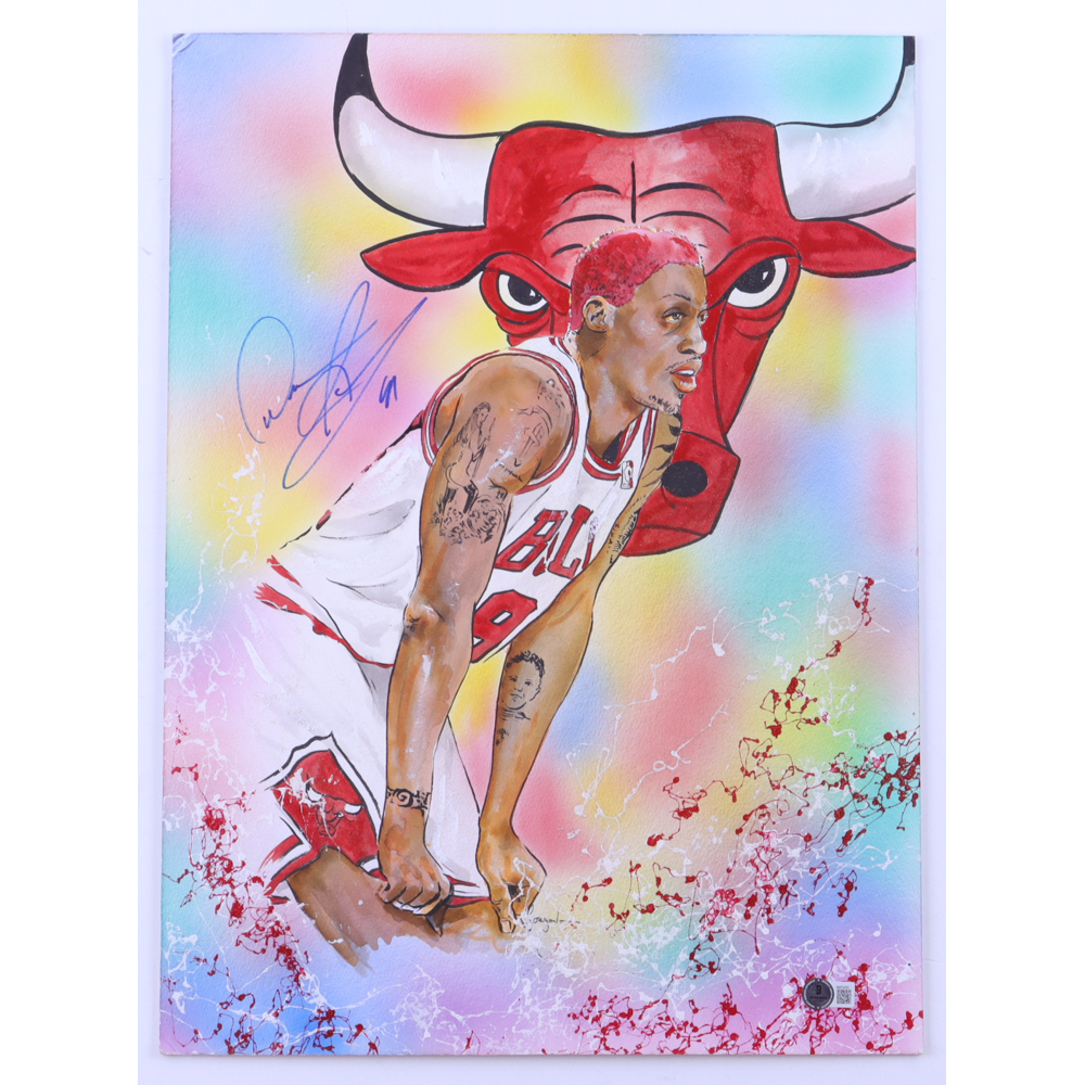 Dennis Rodman Signed Bulls 15x20 Longordo Original Mixed Media Artwork ...