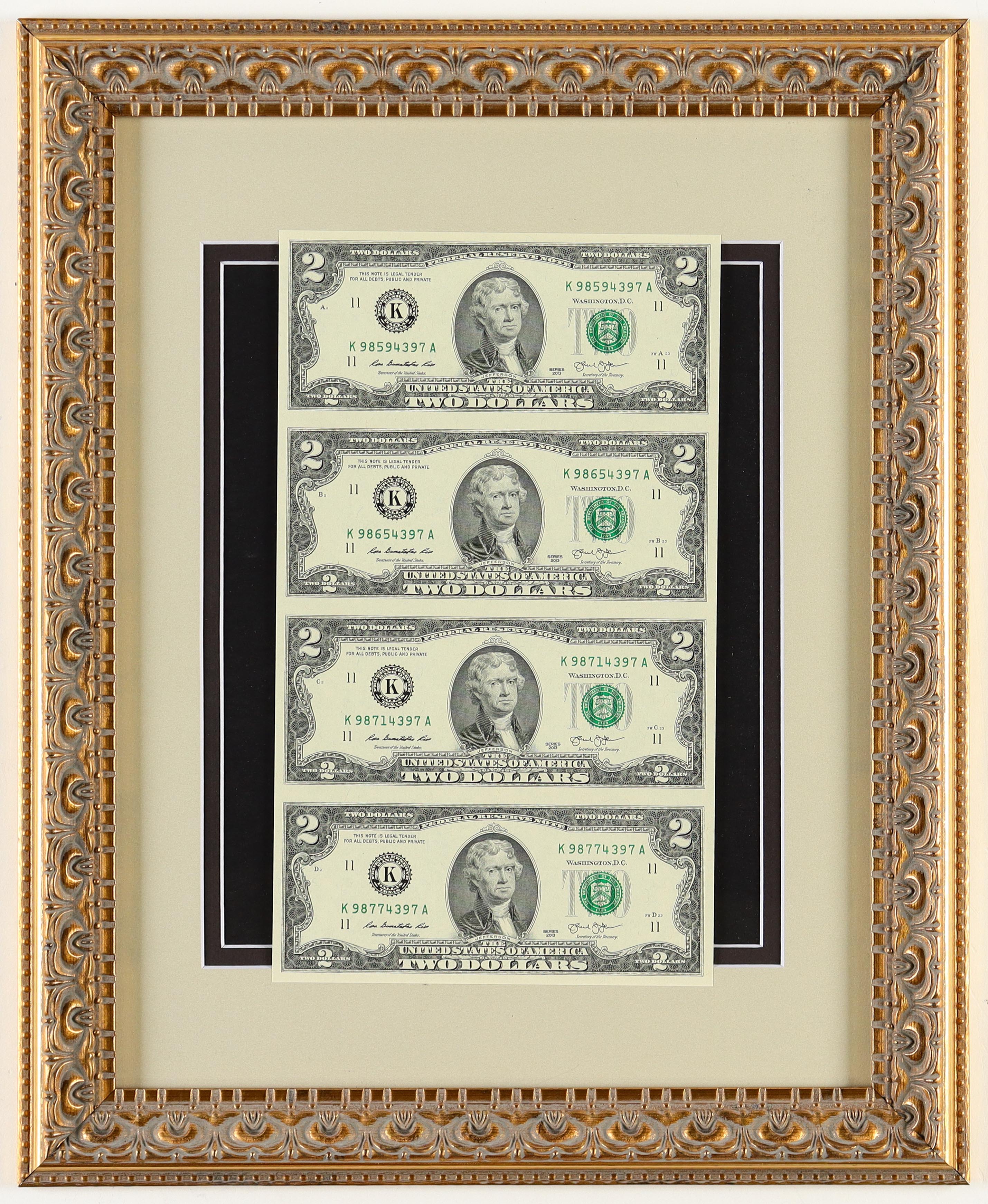 2013 U.S. Legal Tender $2 Two Dollar Bill Uncut Sheet Custom Framed ...