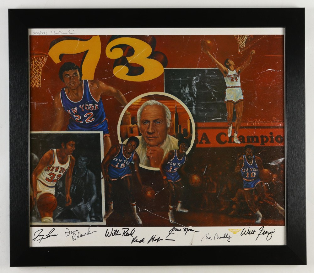 Knicks LE Custom Framed Lithograph Display Signed by (7) with Walt Frazier, Jerry Lucas, Willis ...